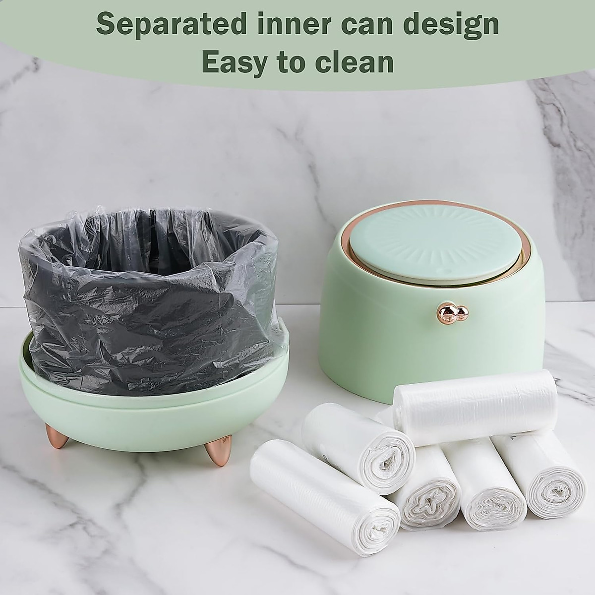 Cute Trash Can with Lid for Desk 0.4Gal/1.4L with Trash Bags180 Pcs Mini Garbage Can Decorative Wastebasket for Counter Top for Office Home (Green)