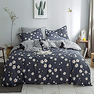 HighBuy Floral Duvet Cover Kids Girls Shabby Chic Duvet Cover Set Cotton Striped Reversible Stripe Pattern Navy Blue Teens Boys Bedding Sets Twin Single Bed Comforter Covers
