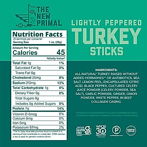 The New Primal Lightly Peppered Turkey Sticks, Keto, Gluten Free Healthy Snacks, Sugar Free Low Carb High Protein, Jerky Meat Stick, 7g Protein, 20 Ct