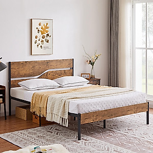 VECELO Platform Bed Frame Queen Size with Rustic Wood Headboard, Strong Metal Slats Support No Box Spring Needed, Easy Assembly
