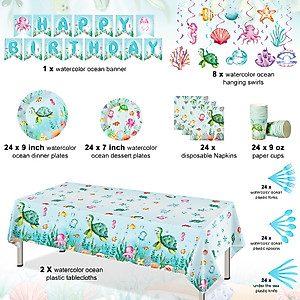 Libima 189 Pcs Sea Turtle Birthday Decorations Ocean Sea Party Tableware Turtle Plates Napkins with Sea Animal Cups Tablecloth Hanging Swirl for Under the Sea Baby Shower Turtle Pool Party Supplies