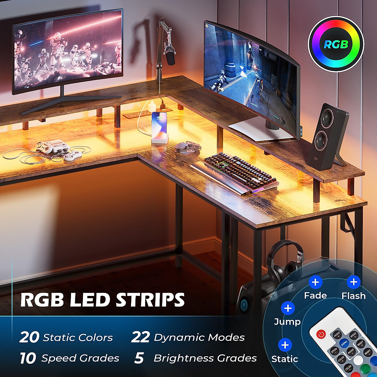 SUPERJARE L Shaped Computer Desk with Power Outlets and Huuger 47 Inches Gaming Desk