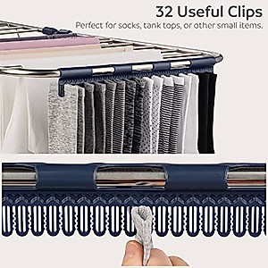 Foldable Premium Clothes Drying Rack, Large 2- Layer Stainless Steel Drying Rack for Sheets, Towels & Clothing Including 33 Hanging Rails, Height Adjustable and 32 Clips for Socks & Underwear - Blue