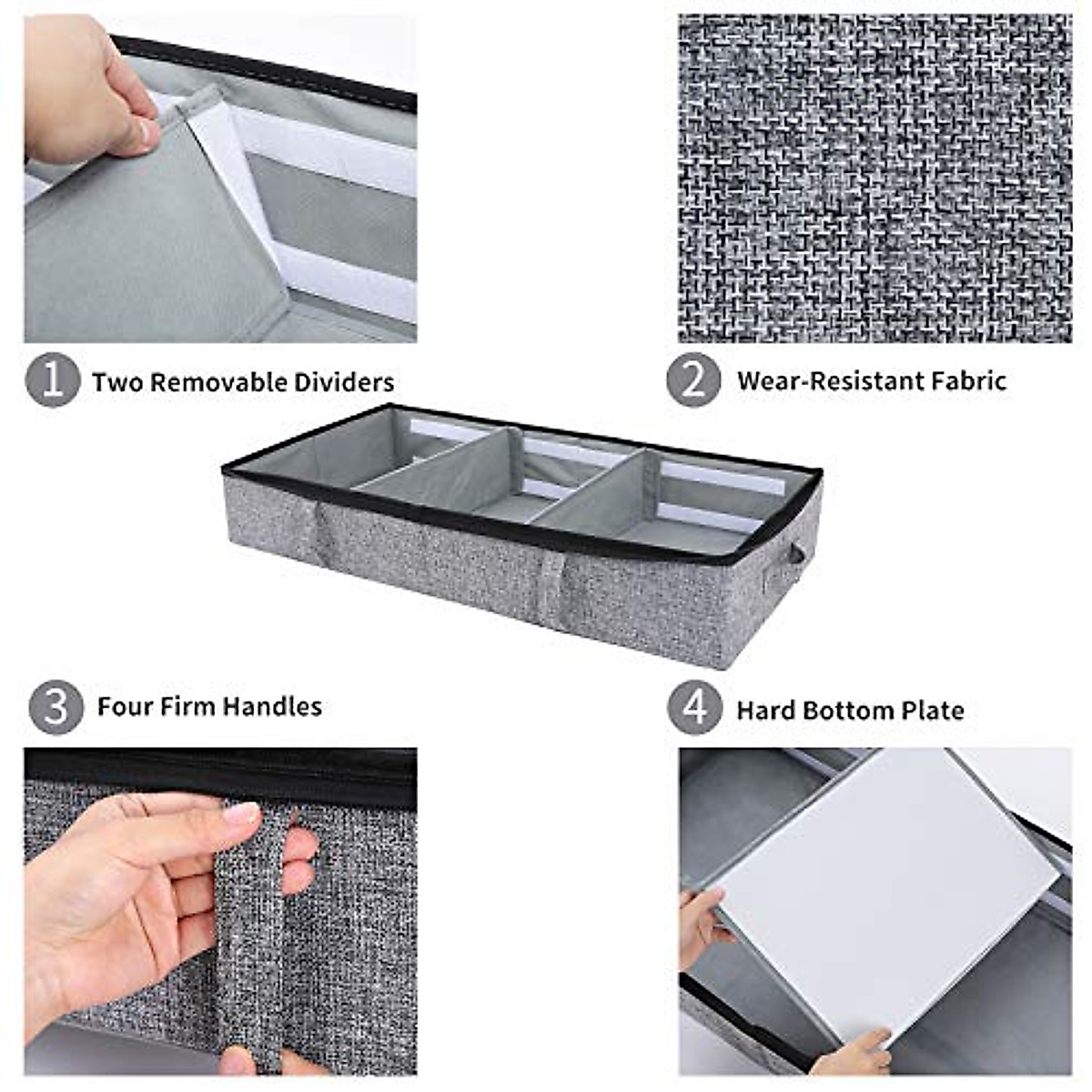 Vailando Under Bed Storage, 2 Pack Under Bed Storage Containers with Dividers, Firm Sides, Strong Zipper, 3 Reinforced Handles, 6 Inches Low Profile Underbed Storage Bins for Clothes, Blankets, Grey