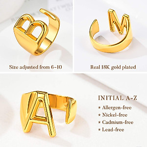 FOCALOOK Gold Initial Letter Open Ring Adjustable Women Statement Rings Party|Women Signet Ring|18K Gold Plated Bold Open Alphabet Rings|Letter A to Z (T)
