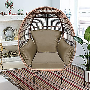 OTSUN Wicker Egg Chair, Oversized Indoor Outdoor Lounger for Patio, Backyard, Living Room with 4 Cushions, Steel Frame, Khaki