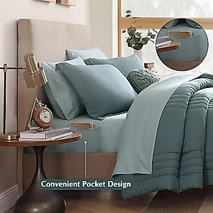 Monbix Queen Size Comforter Set, 7 Piece Bedding Set, All Seasons Fluffy Queen Bed in A Bag with Sheets (Dark Green, 90''x90'')