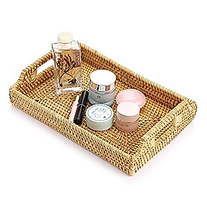 Hipiwe Rattan Serving Tray with Handles - Hand-Woven Decorative Tray for Storage Breakfast, Drinks, Snack,Rectangular Basket Organizer Tray for Coffee Table, Home Decor (Small)