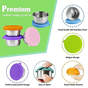 MeetUhome Salad Dressing Container To Go 6 x 1.69 oz Set, Reusable Stainless Steel Condiments Containers with Lids Mini Dips Sauce Cups for Kids Lunch Bento Box Leak-Proof Travel Small Food Storage