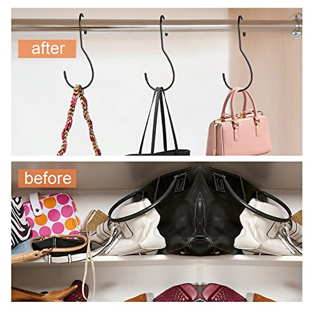 18 Pieces Purse Hanger for Closet, Unique Twist Design Bags Hanger Hooks, Black Closet Rod S Hooks, Large Size Closet Rod Hooks for Purses, Handbags, Belts, Scarves, Hats, Clothes, Hanging Bags