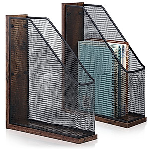 Perkoop 2 Pcs Mesh Magazine File Holder Metal Wooden Magazine File Holder Antique Mesh Wire File Organizer Desktop Magazine Rack Metal Desk Organizer for Document Folder School Office File Storage
