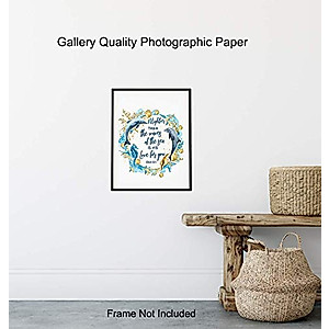 Ocean Dolphins Bible Verse Religious Wall Art - Inspirational Quote Christian Scripture Room Decoration for Bathroom, Bedroom - Nautical Beach House Poster - Mightier Than the Waves Blue Wall Decor