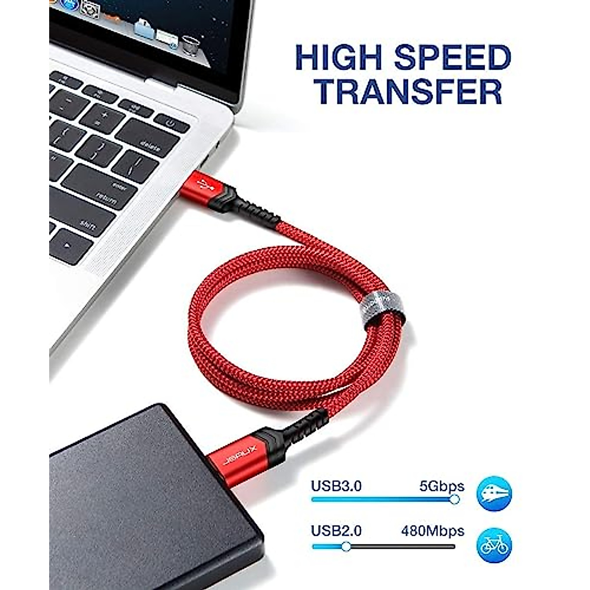 JSAUX Hard Drive Cable [2 Pack,0.3M+1M] USB 3.0 A to Micro B Nylon Cable Compatible with Portable External Hard Drives,WD Elements,Seagate Expansion,Toshiba,Samsung M3 1TB/Galaxy S5/Note 3-Red