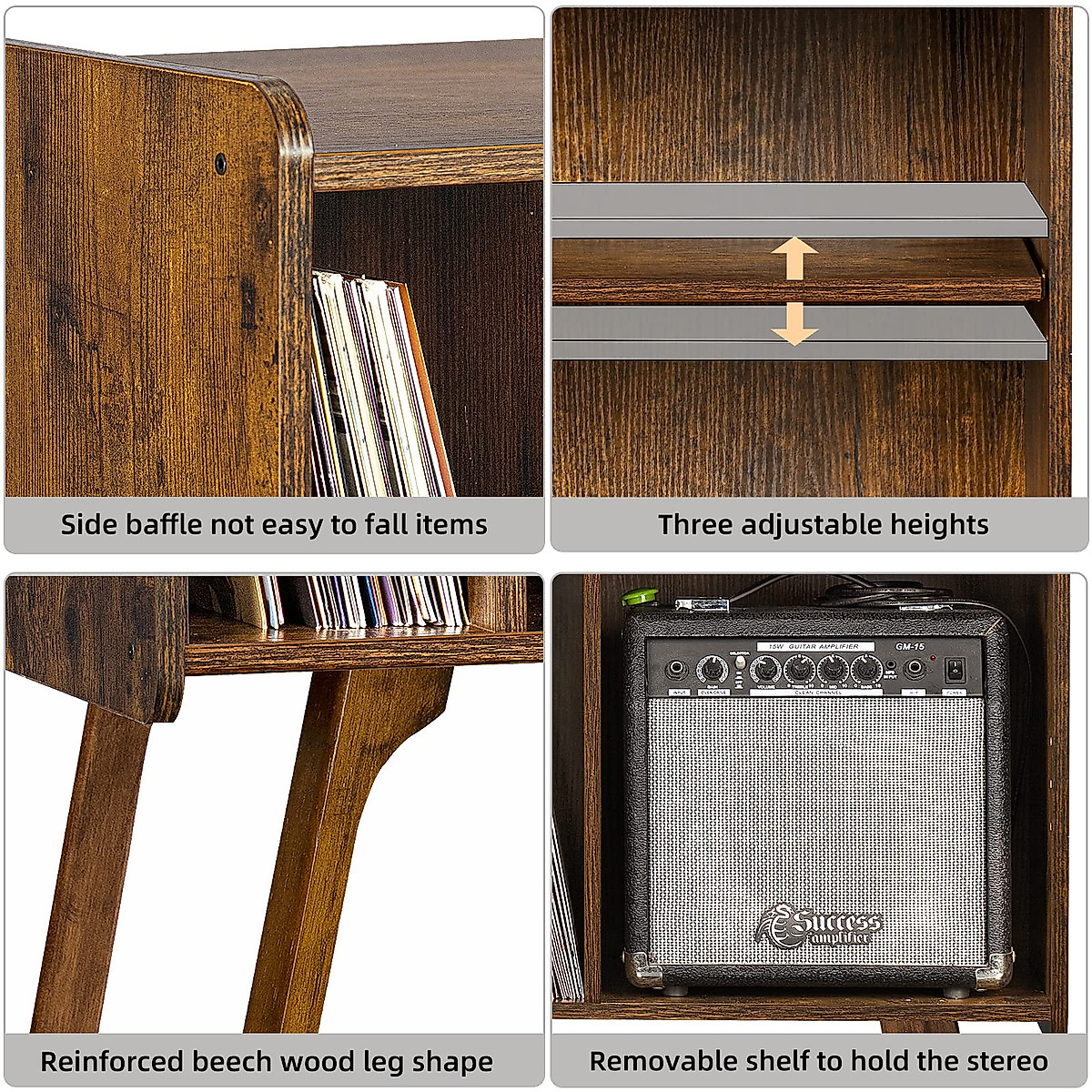 Lerliuo Record Player Stand with 4 Cabinet Holds Up to 220 Albums, Large Turntable Stand with Beech Wood Legs, Mid-Century Record Player Table,Brown Vinyl Holder Storage Shelf for Bedroom Living Room