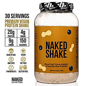 Naked Shake – Peanut Butter Blueberry Protein Powder, Plant Based Protein from US & Canadian Farms with MCT Oil, Gluten-Free, Soy-Free, No GMOs or Artificial Sweeteners – 2.2 Pounds