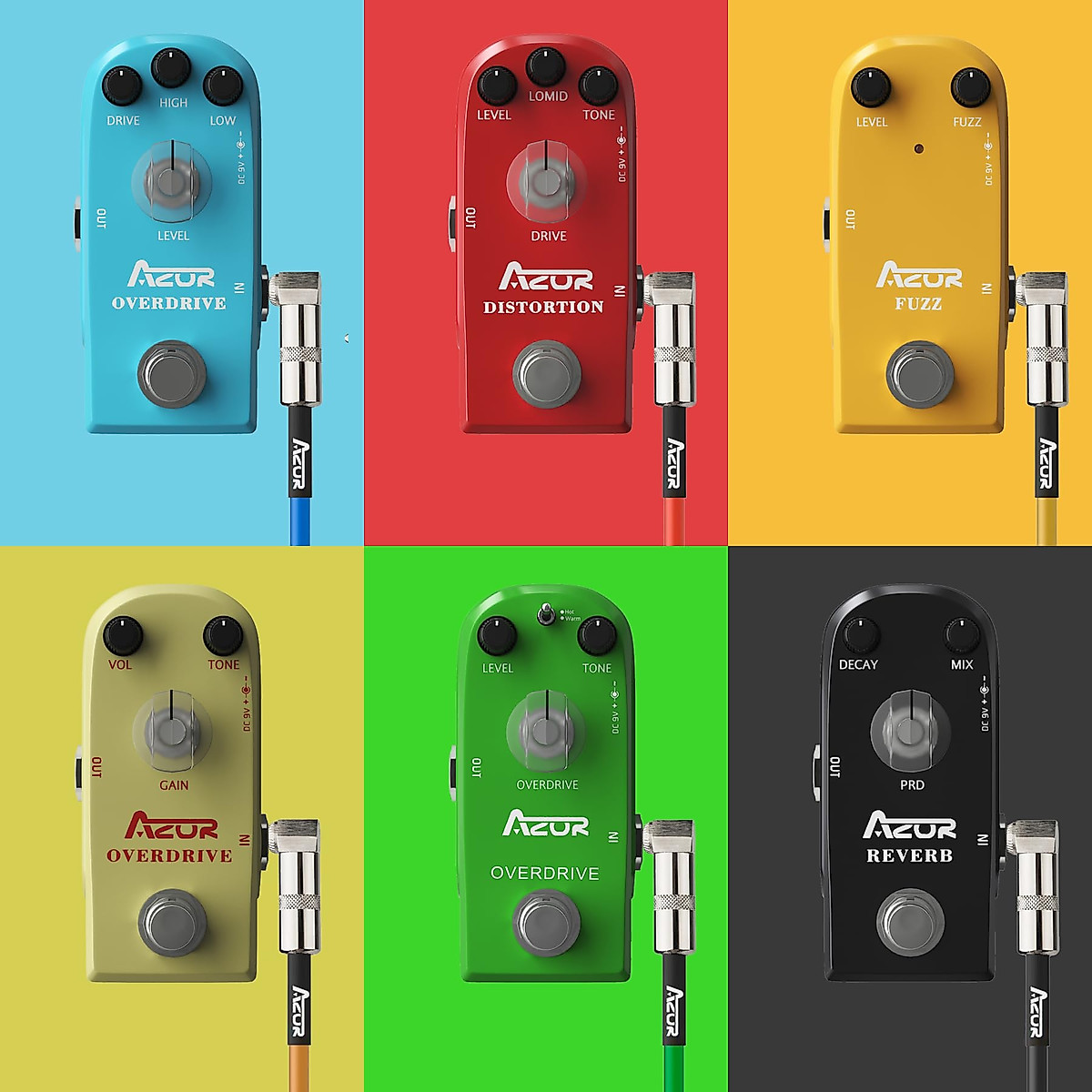 AZOR Guitar Patch Cables Right Angle,12 cm Instrument Cables for Guitar Bass Effect Pedals 6 Pack (Multicolored)