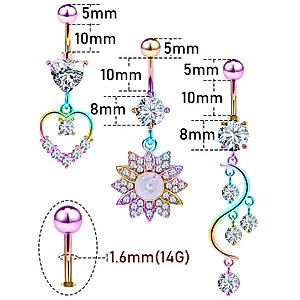 kwoencxi 14G Belly Button Ring for Women Stainless Surgical Steel Long Dangle Curved Hypoallergenic Belly Navel Ring Barbells Bar Belly Piercing Jewelry for Women Colorful 10mm CZ Diamond Gem