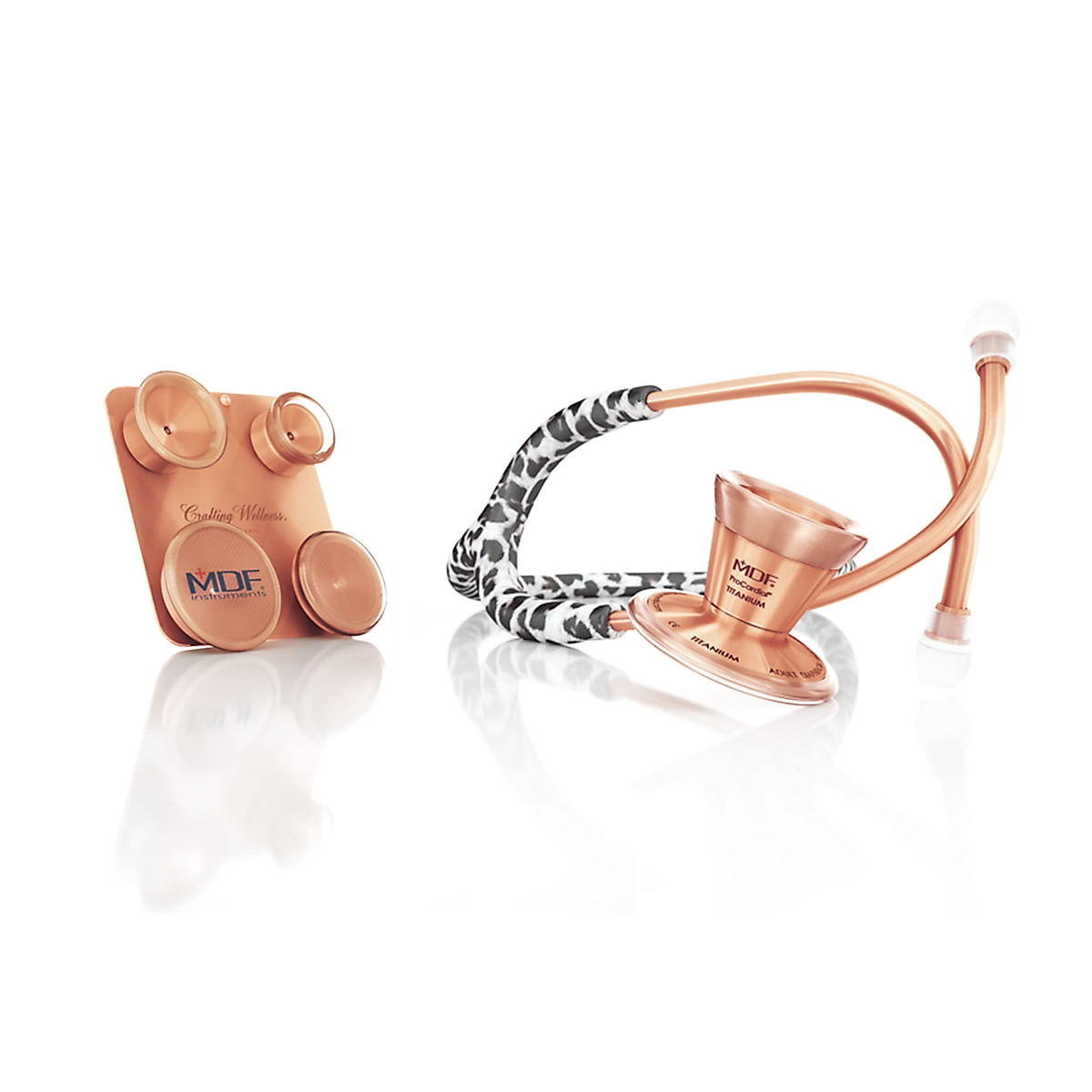 MDF Instruments Snow Leopard Rose Gold ProCardial Cardiology Stethoscope + MDF Pediatric and Neonatal Attachments with Clip