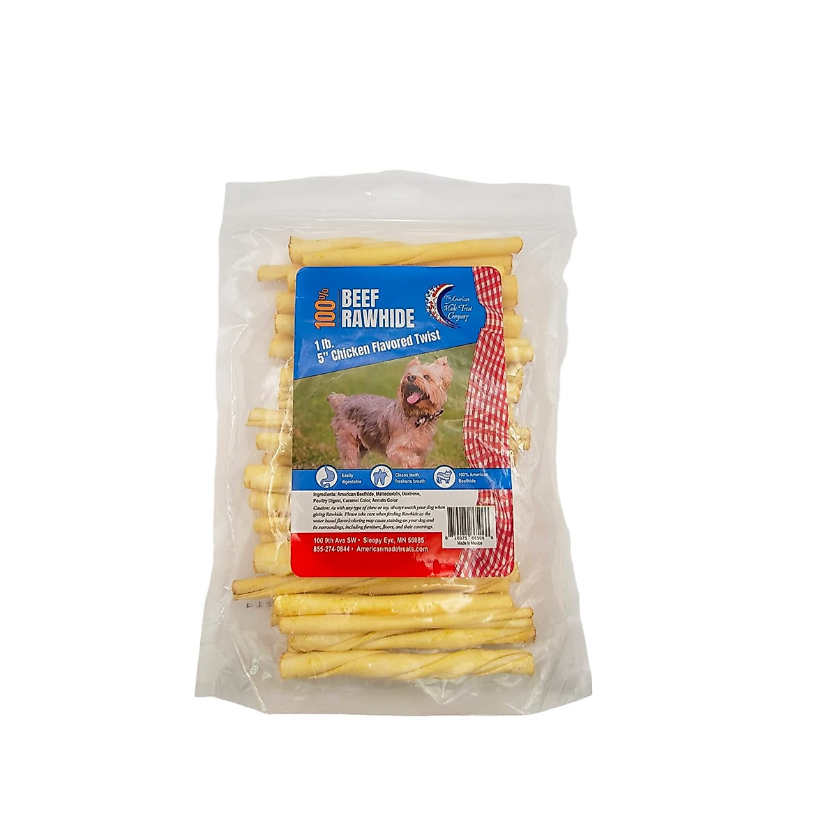 American Made Treat Company 0506 U.S.A. Beefhide Chicken Basted Twist Sticks, Digestive and Protein Rich Rawhide Chicken Flavored Sticks for Improving Dental Health, 5" in Size, 1 Pound Pack.