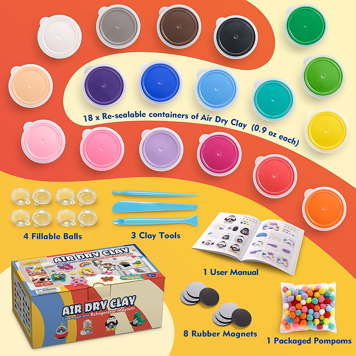 Drama Planet Air Dry Clay Kit for Kids, Create Your Own Refrigerator Magnets with Modeling Clay, Art Activity Set, Craft Project Gifts for Boys & Girls