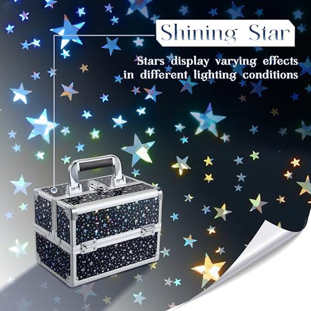 Joligrace Makeup Train Case Portable Cosmetic Box 2 Trays with Mirror Lockable for Makeup Nail Tech and Beauticians Traveling Makeup Storage Organizer - Black Star