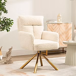 NORDICANA 180° Swivel Sherpa Living Room Chair Modern Armchair with Golden Legs Ergonomic Upholstered Accent Chair No Wheels for Bedroom Reading Home Office, Off White