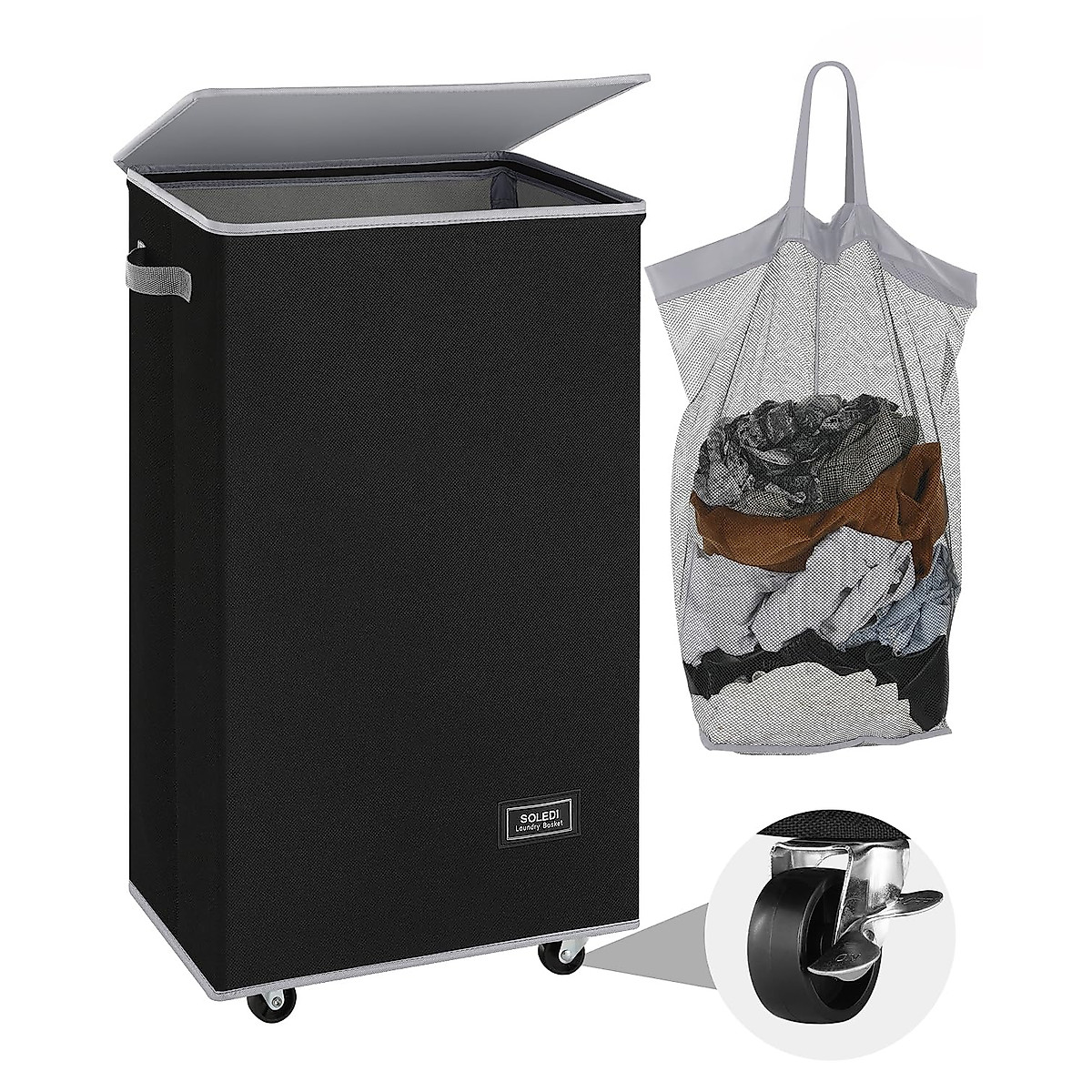 SOLEDI Laundry Basket with Wheels, Laundry Hamper with Lid 90L(23.8 gal), Clothes Hamper with Bag Removable - Rolling Laundry Basket, Move Smoothly- Suitable for Apartment, Bathroom, Bedroom, Dorm