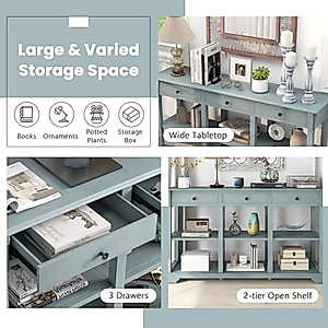 CLEEMAN Console Table with Storage, Retro Sofa Table with 3 Drawers, 2-Tier Open Shelf & Solid Wood Legs, Hallway Table, Entryway Table for Foyer, Living Room, Entrance