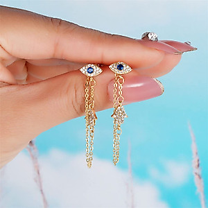 Blue Evil Eye Protection Hamsa Hand of Fatima Ear Jacket Dangle Drop Earrings for Women 925 Sterling Silver Post Pin Delicate Fashion Statement Sparkling Cubic Zircon Crystal Stud Dainty Protection Lucky Jewelry Gifts Daughter Friendship Birthday BFF (Gol
