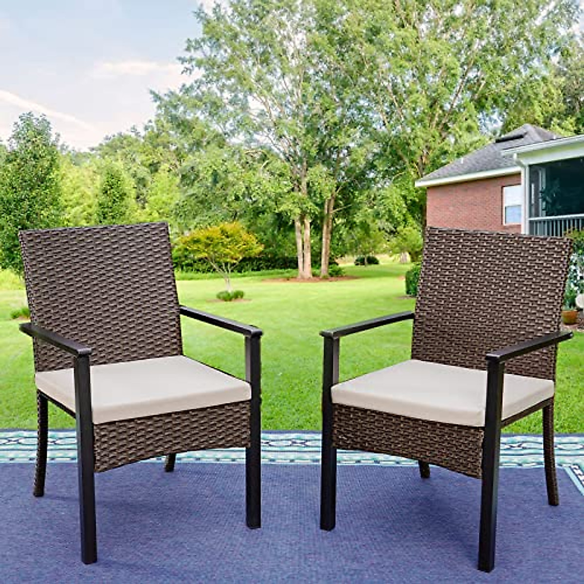 PHI VILLA Outdoor Wicker Chairs Set of 2, Rattan Covered Metal Armchairs with Removable Cushion, Heavy Duty Furniture Set for Patio, Deck, Porch, Yard