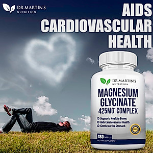 Premium Magnesium Glycinate 425mg - 180 Vegan Capsules - Helps with Stress Relief, Sleep, Muscle Cramps & Healthy Heart |