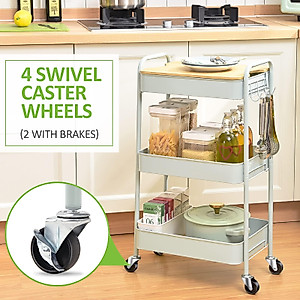 TOOLF 3 Tier Rolling Cart, Metal Utility Cart with Wheels & Wooden Top, Diaper Organizer Cart, Rolling Craft Storage Cart, Serving Trolley Cart for Kitchen, Office, Bathroom, Baby Nursery, Green