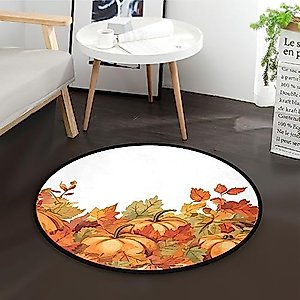 Autumn Pumpkin Leaves Area Rug Round 3ft Happy Thanksgiving Circular Carpet Floor Mat Soft Non Skid for Living Room Dining Holiday Decor Seasonal Washable