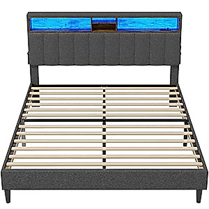 ADORNEVE Queen LED Bed Frame with Outlet and USB Ports, Queen Bed Frame with Storage Headboard, Modern Platform Bed with Storage & LED Lights, No Box Spring Needed, Easy Assembly, Dark Grey