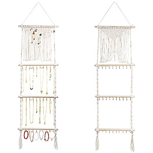Teniinet Hanging Jewelry Organizer, Boho Macrame Necklace Hanger Wall Mounted with 30 Hooks,Door Hanging Jewelry Holder with Tassel for Necklaces Display Organizer(Necklace Holder)