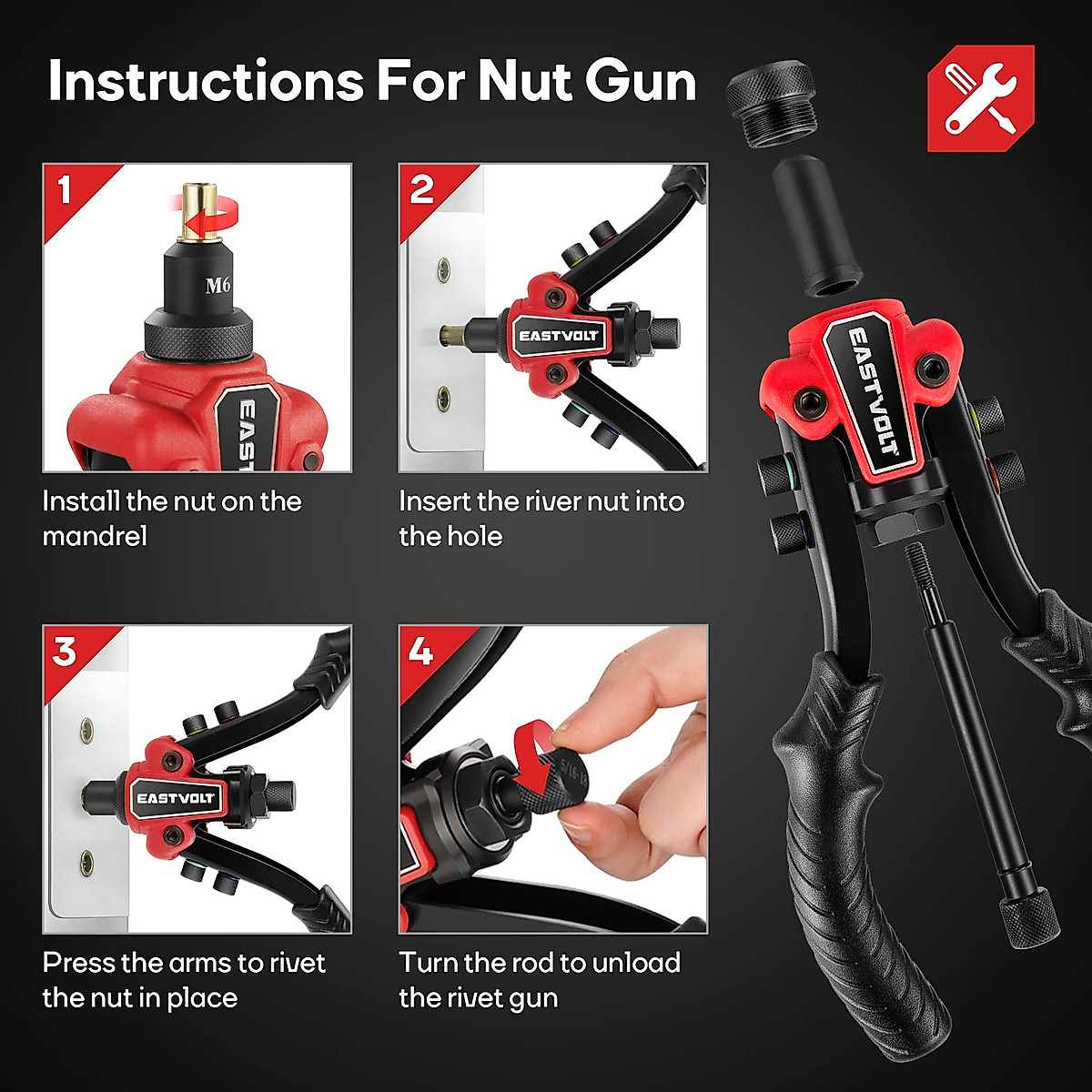 Eastvolt Rivet Nut Tool, 3 in 1 Hand Rivet, Rivet Gun Rivet Nut Tool Reamer 3 in 1 Set, Including 60Pcs Rivet Nuts, 6 Metric & SAE Mandrels and 2 Reaming Mandrels with Carrying Case (BT-501)