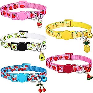 5 Pieces Breakaway Cat Collars with Bell Colorful Summer Fruit Style Adjustable Pet Collar with Pineapple Watermelon Cherry Strawberry Avocado Patterns for Kitten Kitty Cat Tropical Hawaii Party (S)