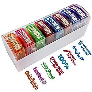 Bertiveny Teacher Stamps for Grading Classroom，Parent Signature Teacher Self-Inking Stamp Set Stamps for Homework Teacher Supplies with 8 pcs