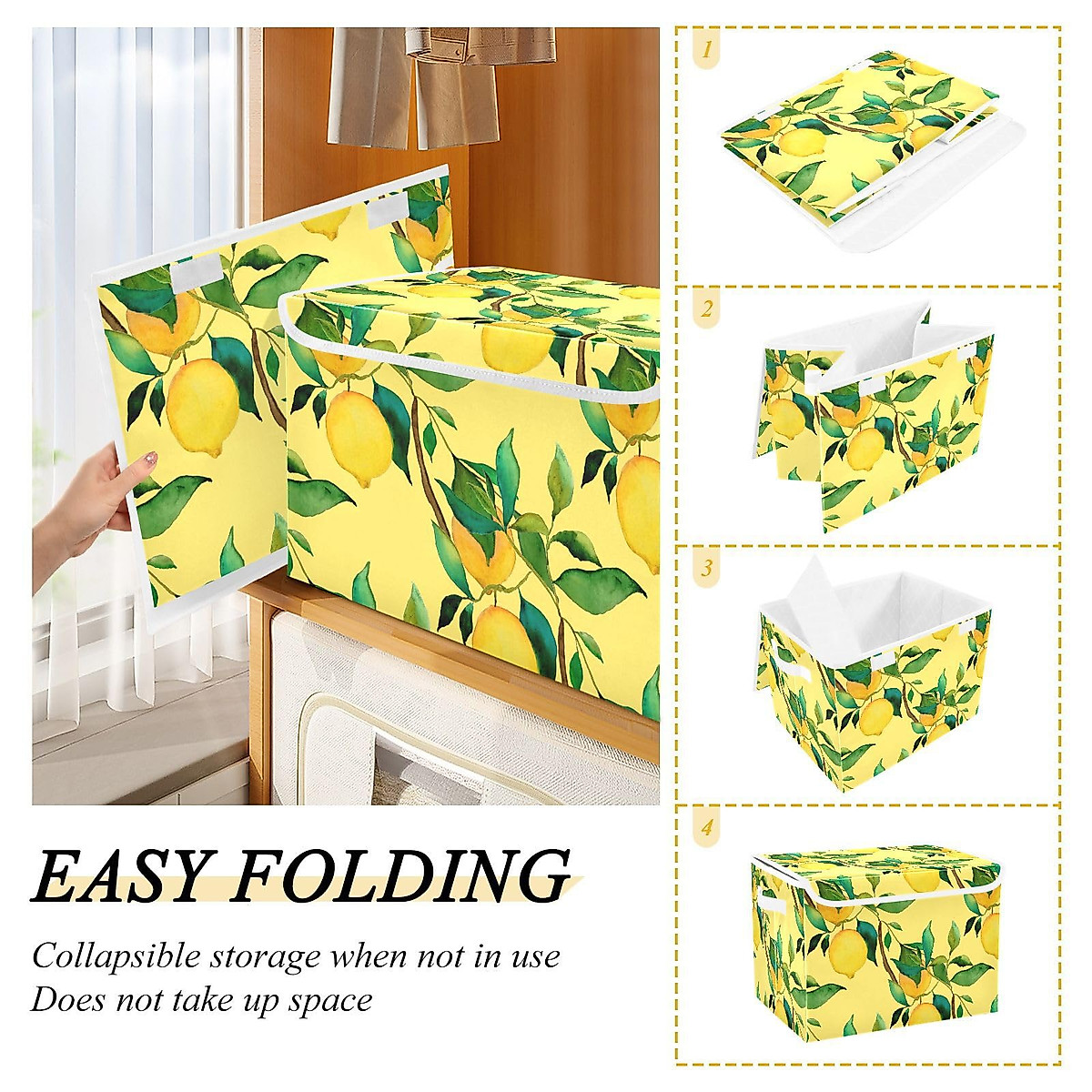 Krafig Retro Lemon Decorative Storage Box with Lid Large Bins Baskets Foldable Cube Organizer Collapsible Containers for Organizing, Toy, Home, Shelf, Closet