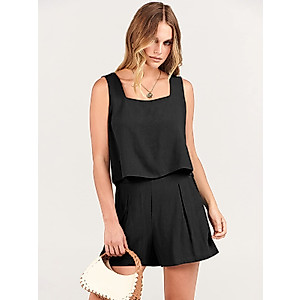 ANRABESS Womens 2 Piece Outfits Linen Square Neck Crop Short Set Lounge Matching Sets 2023 Trendy Clothes Summer Vacation Set for Beach Vacation Resort 997heise-S, Black
