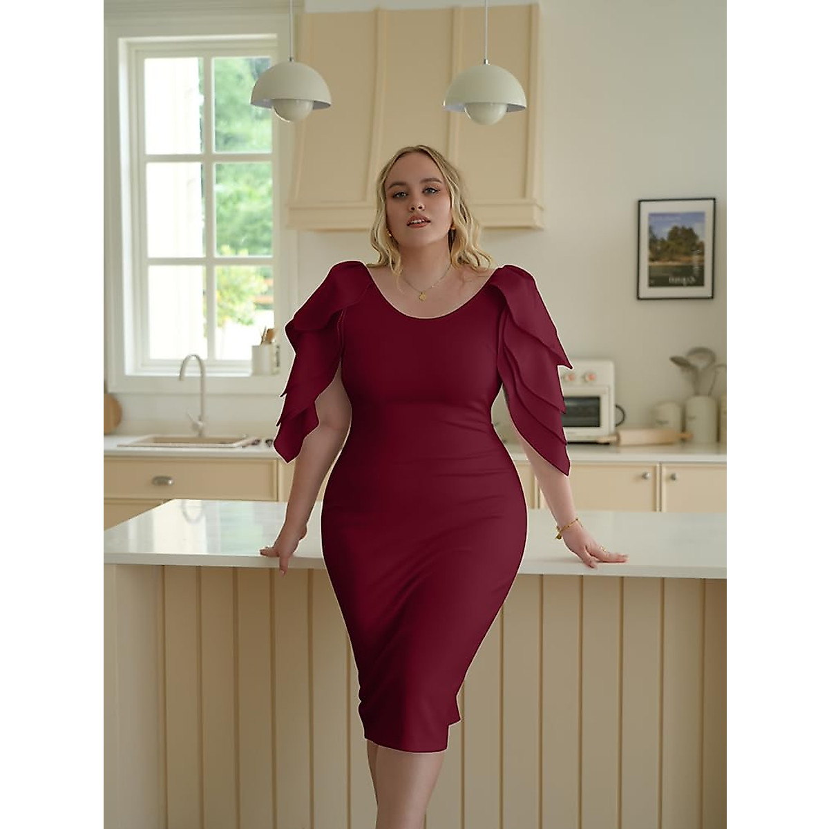 DAAWENXI Women's Elegant Ruffle Off The Shoulder Zipper Empire Midi Cocktail Dress WineRed