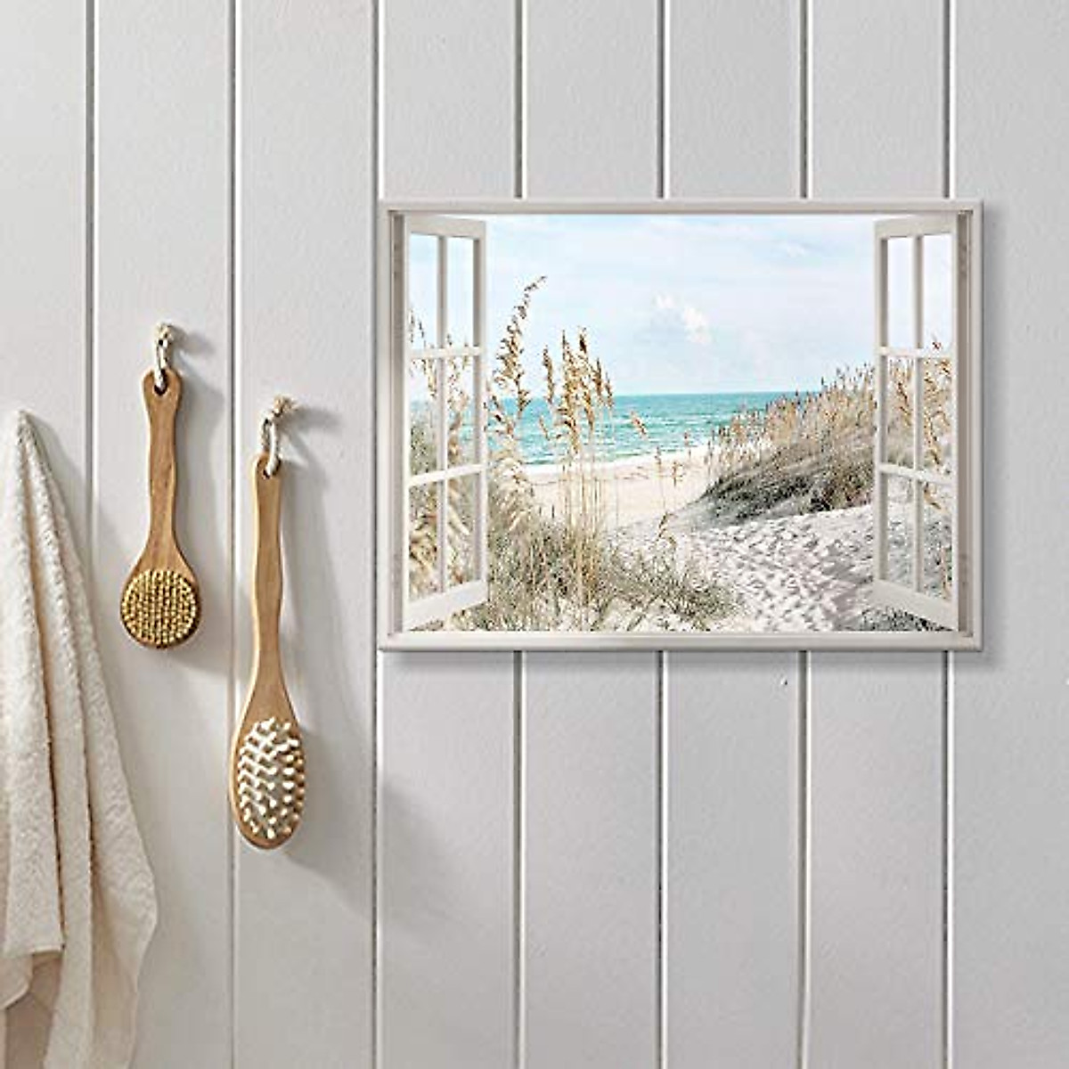 Hardy Gallery Coastal Beach Picture Wall Art: Beach Theme Window Canvas Art Prints Seascape Artwork Small Size for Bathroom (16” x12” x 1 Panel)