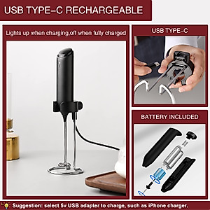 Rechargeable Milk Frother Handheld, AdanZst Coffee Frother Handheld with USB Stand, Electric Drink Mixer Handheld, Mini Electric Whisk for Coffee, Matcha (Black)