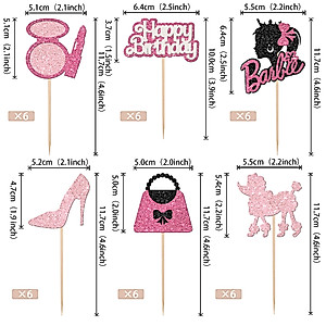 30 Pack Princess Cupcake Toppers Glitter Happy Birthday Lipstick High Heel Bag Cupcake Picks for Baby Shower Bridal Shower Wedding Princess Birthday Anniversary Theme Party Cake Decorations Pink Black
