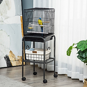 Pawhut 45-inch Metal Indoor Bird Cage, Parrot Cage, Bird Aviary with Detachable Rolling Stand, Storage Basket, and Accessories - Black