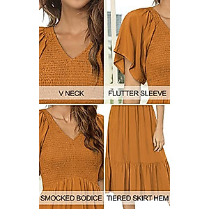 Kranda Women Short Flutter Sleeve V Neck Smocked Solid Pleat Midi Dress Pumkin Spice M