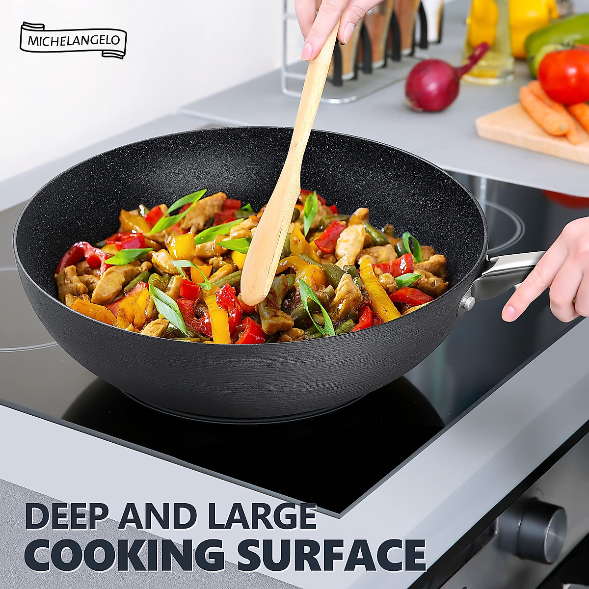 MICHELANGELO Nonstick Wok with Lid, Hard Anodized Wok Pan, Induction Wok 12 Inch, Large Wok Pan with Flat Bottom, Cooking Wok with Steamer Rack & Fry Basket, Woks and Stir Fry Pans - 5 Quart