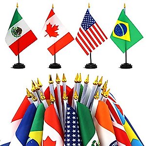 ANLEY 24 Countries Deluxe Desk Flags Set - 8 x 5 Inches Miniature American US Desktop Flag with 13" Black Pole - Vivid Color and Fade Resistant - Come with Black Base and Golden Top