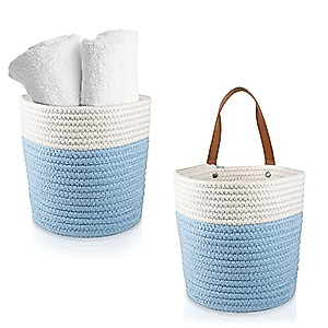 VASS Group 2-Pack 100% Cotton Rope Baskets with Leather Handles – 8”x 7” Sturdy Hanging Woven Wall Storage Bins for Home Decor Organizing – Blue
