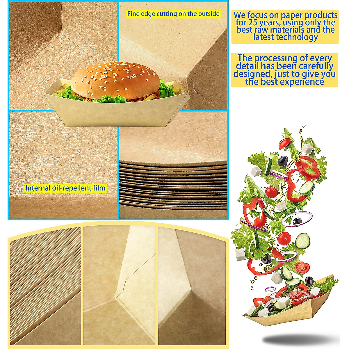 MotBach 120 Pcs Brown Kraft Paper Disposable Recyclable Eco-Friendly Food Serving Boats Take Out Food Trays Party Supplies for Tacos, Nachos, Crawfish, French Fries